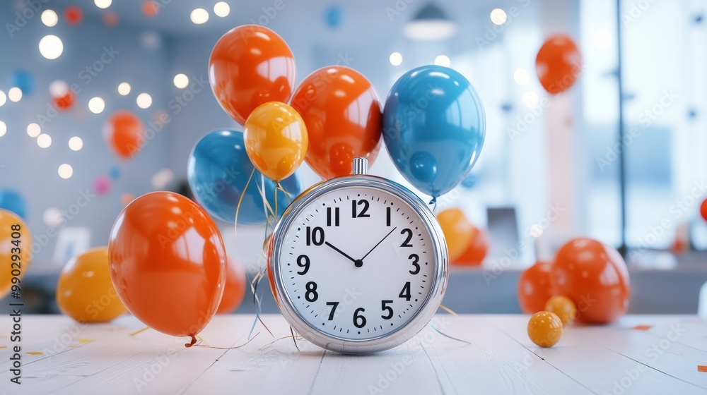 Festive office countdown to 2025 with balloons and clock. 2025 ...