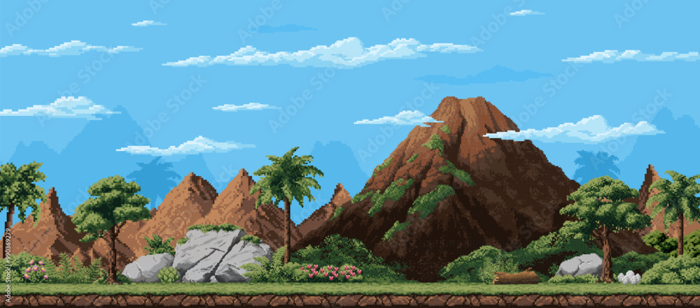 8 bit pixel art arcade game prehistoric landscape of jungle forest with ...