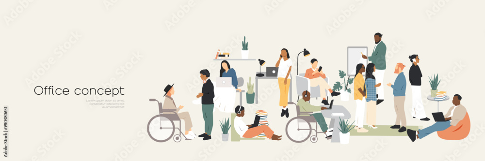 Office concept. Different people work together. Modern minimalist ...