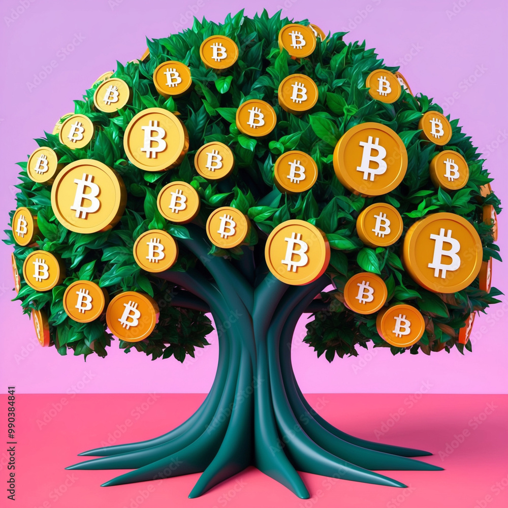 stylized 3D tree with thick, graphic roots grounded in a vibrant, flat ...