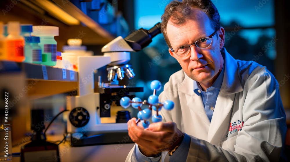 Scientist in lab coat holding molecular model of serotonin receptor ...