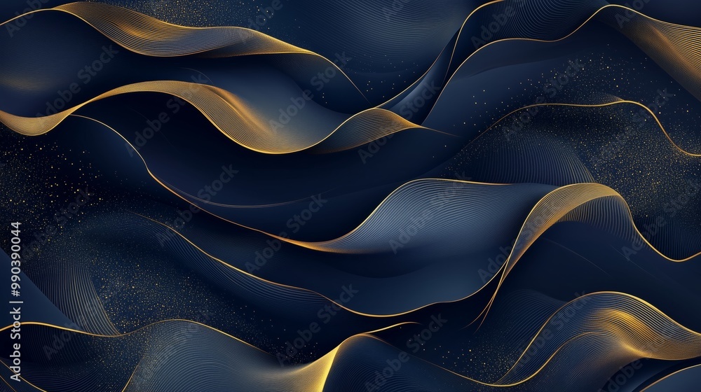 Navy blue Gold abstract wave line arts background vector. Luxury wall ...
