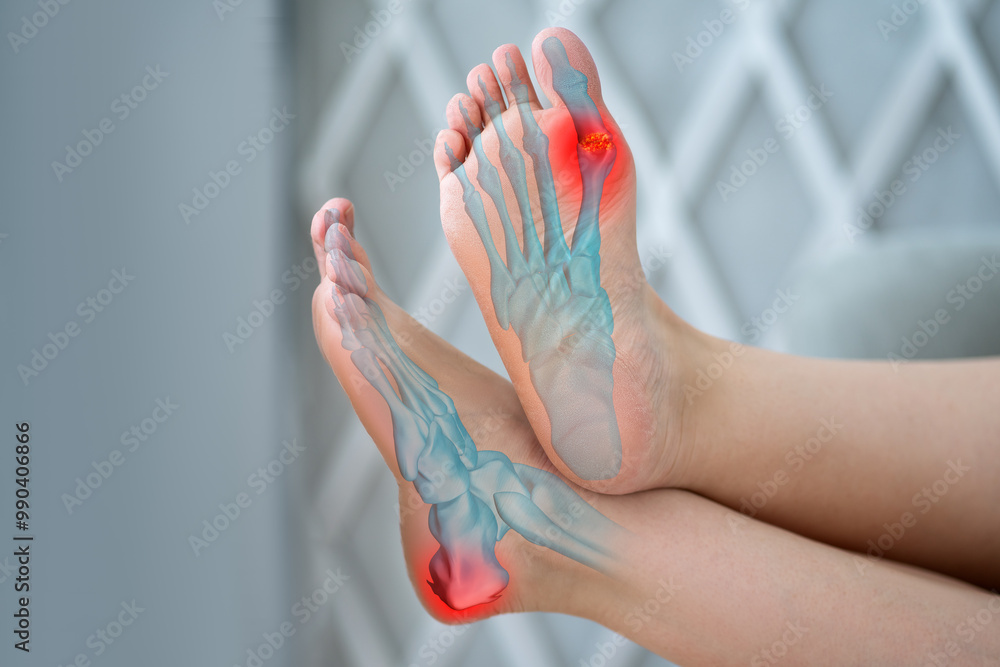 Joint diseases, hallux valgus, plantar fasciitis, heel spur, woman's ...