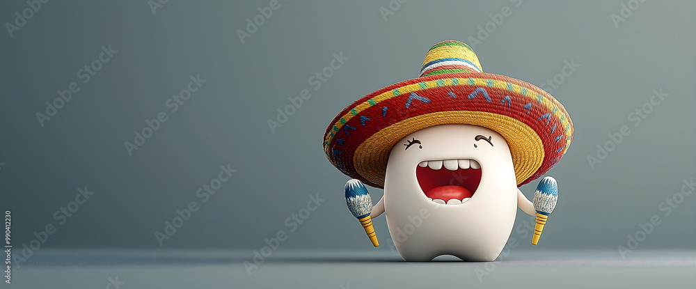 Cheerful tooth character wearing colorful sombrero with maracas. Cinco ...