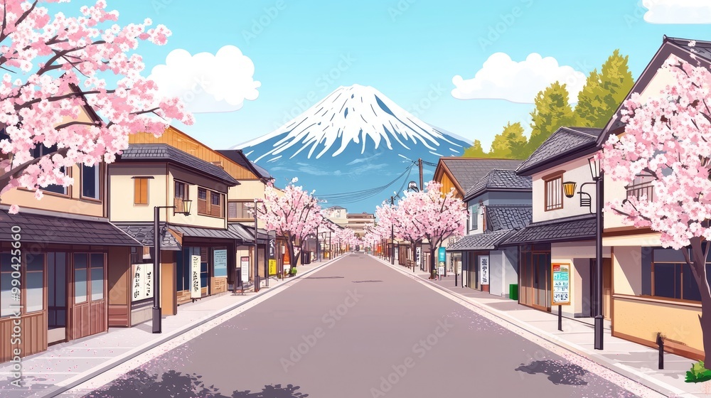 Cartoon illustration of a Japanese town with Mount Fuji visible in the ...