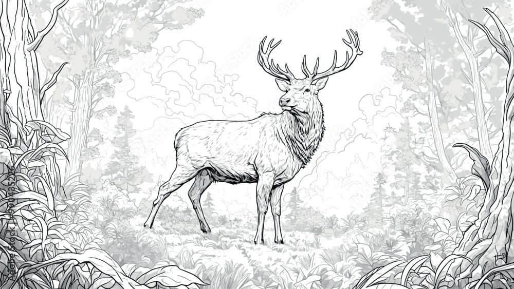 Royal Stag Against Backdrop of Lush Forest Coloring Book Page for Kids ...