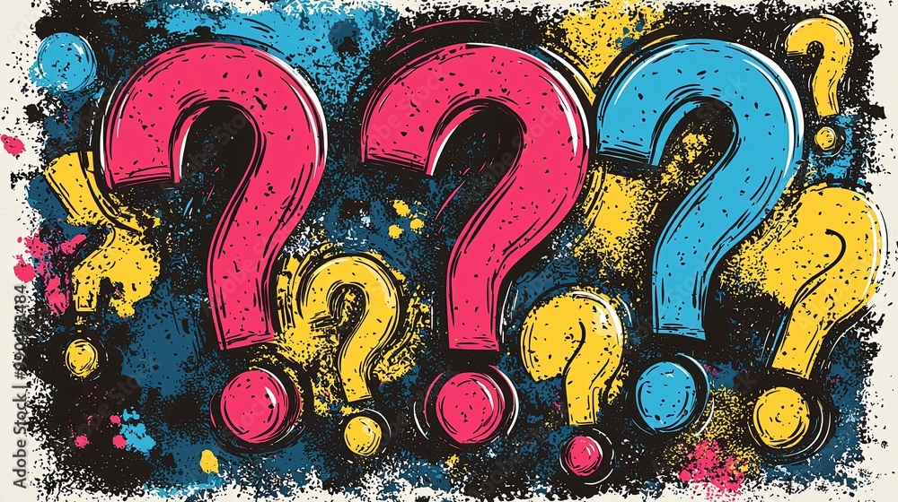 Vivid question marks in graffiti style with red, blue, and yellow ...