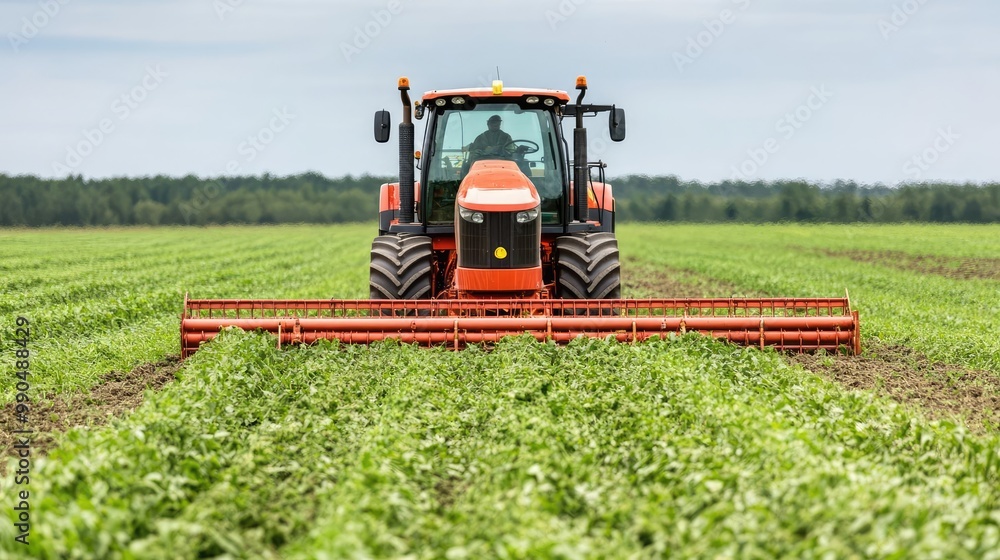 Agricultural vehicle with front-end clearing equipment, removing debris ...