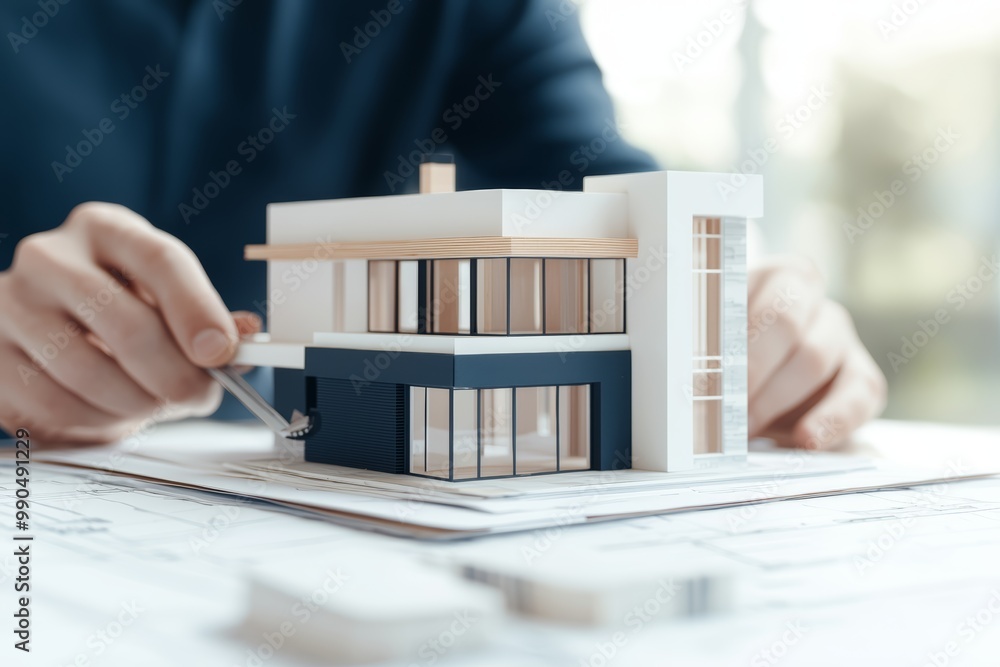 Detailed scale model of a modern house on architectural blueprints ...