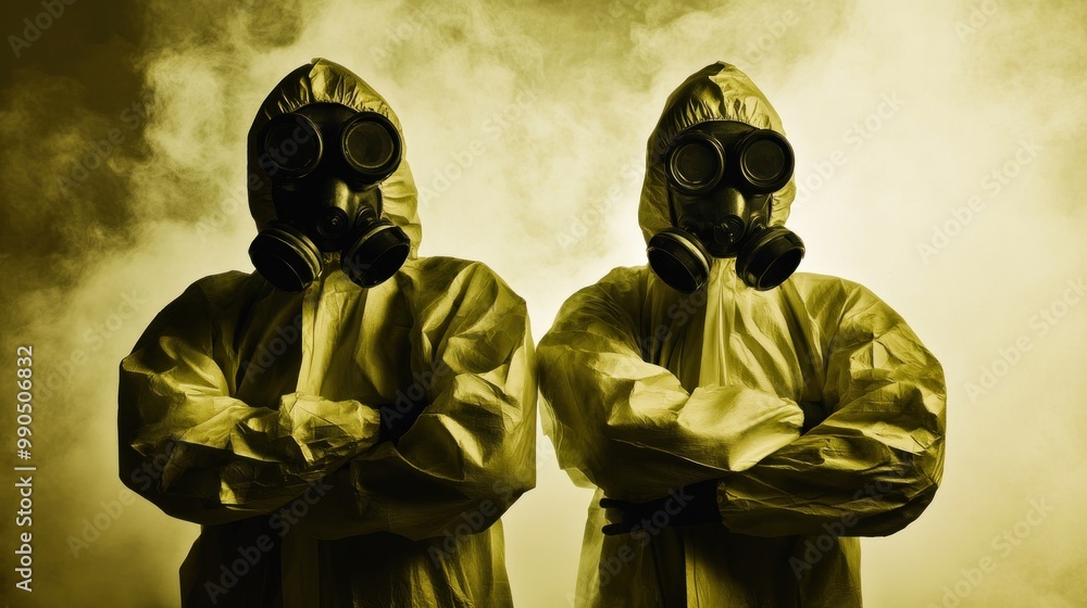 Amidst a yellow haze, two people dressed in yellow protective suits and ...