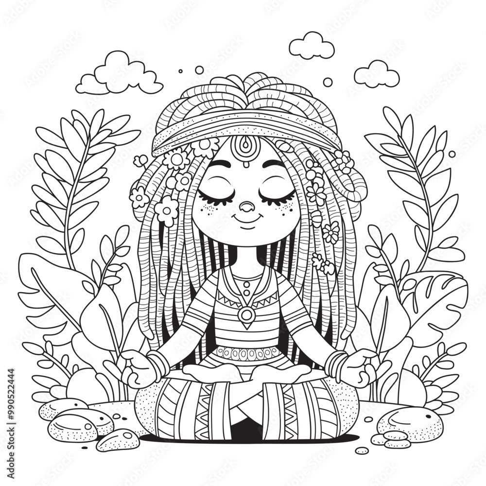Cute girl doing yoga outdoors. Coloring page for kids and adults. Art ...