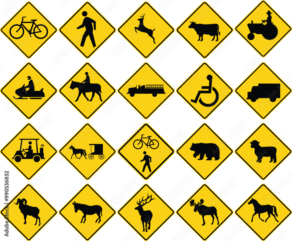 Advance Road Warning Signs Collection Featuring Bicycles, Pedestrians ...