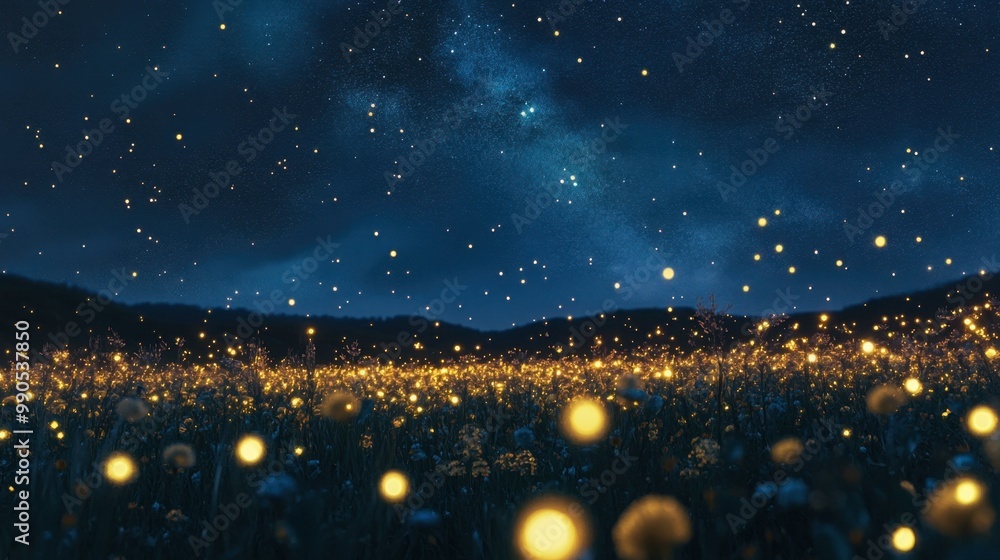 A field of fireflies glowing brightly under a starry night sky, with a ...