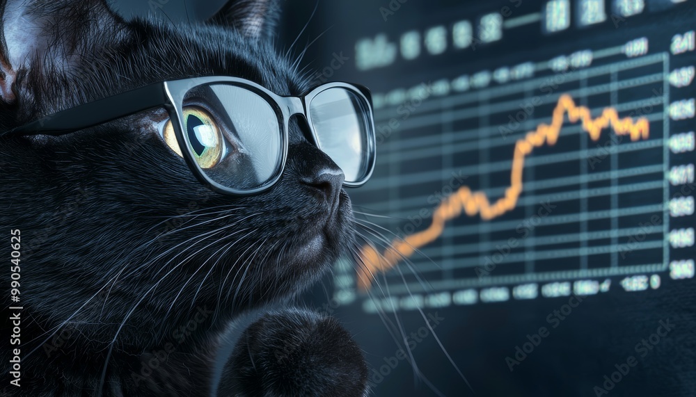 Black cat with glasses focused on stock market screen, ultra-realistic ...