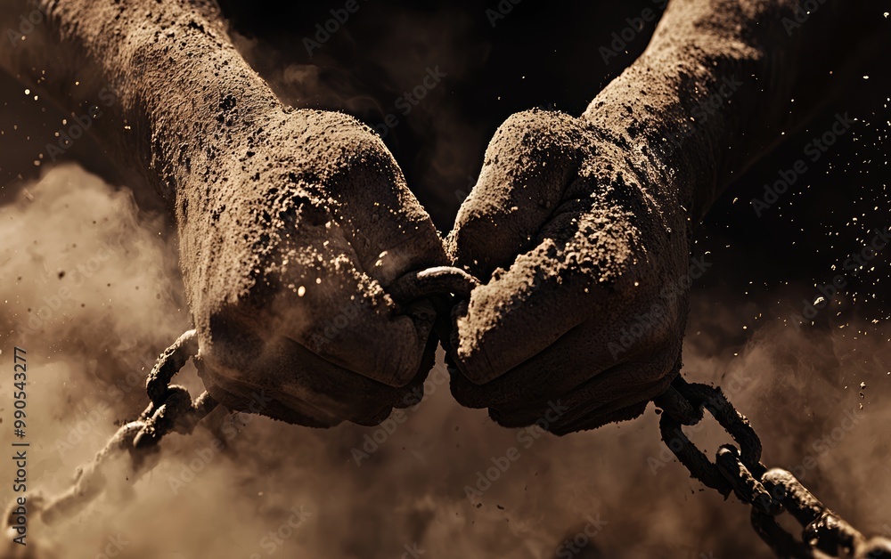 Person freeing themselves from chains, dust clouds rising, intense ...