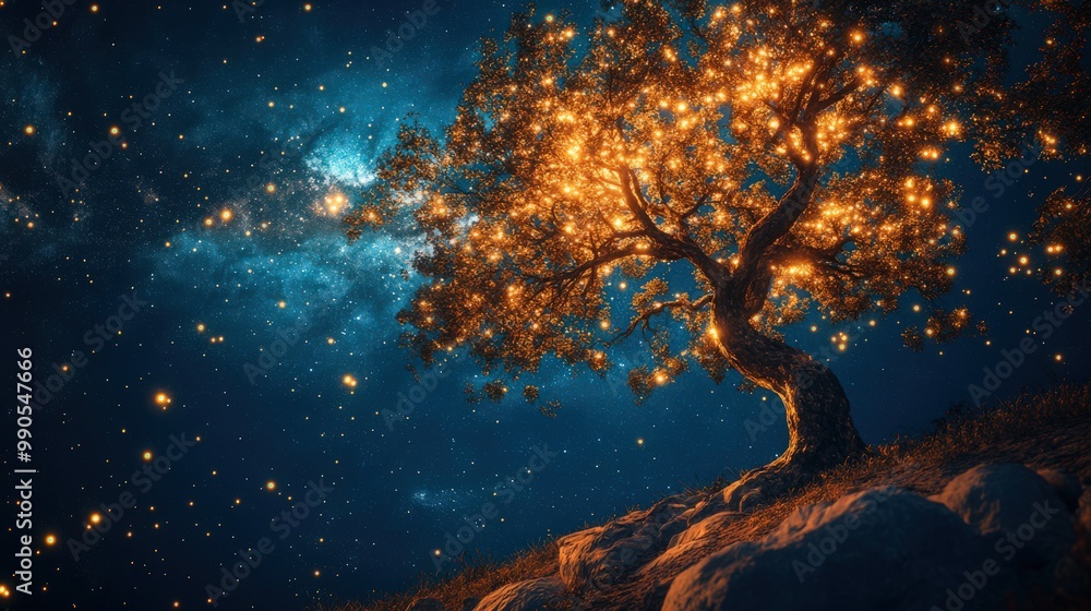 Magical Tree Under Starry Night Sky Stock Illustration | Adobe Stock