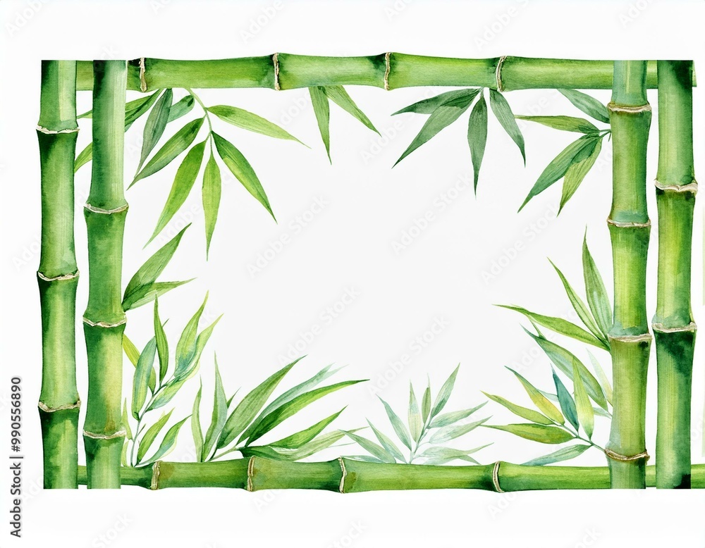 Bamboo frame isolated on white background. Bamboo with green leaves ...