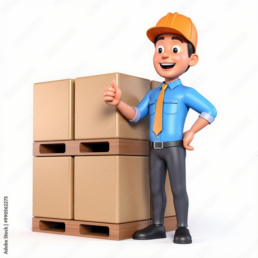 3D cartoon worker giving a thumbs-up next to stacked pallets with boxes ...