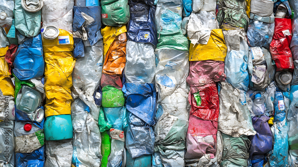 Foto de Stock Compressed plastic waste bales, recycling material, waste ...