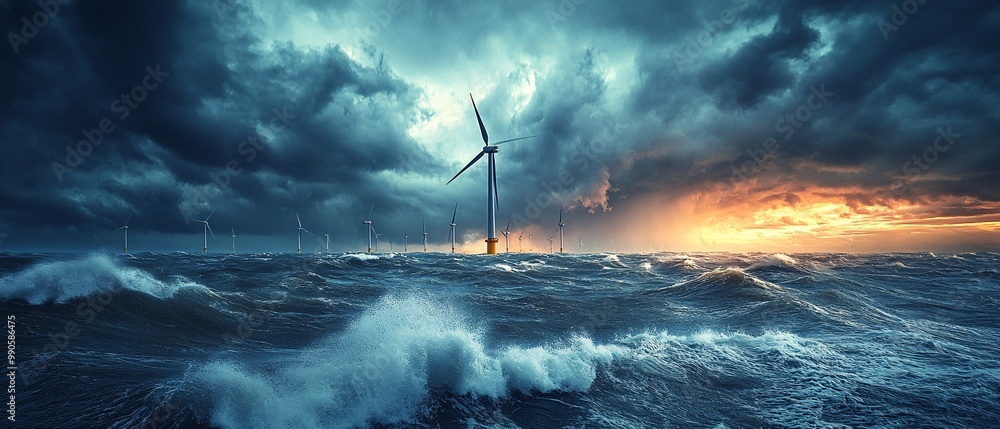 A massive offshore wind farm with turbines emerging from the ocean ...