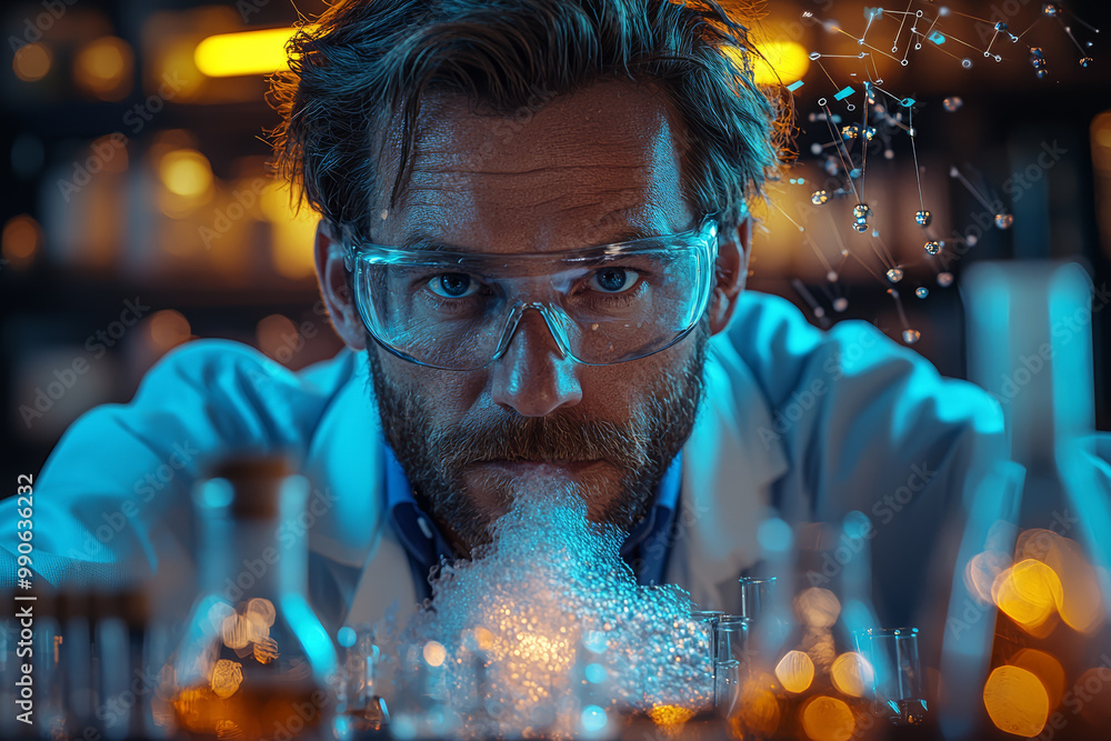 A scientist surrounded by beakers and test tubes, holding a bubbling ...
