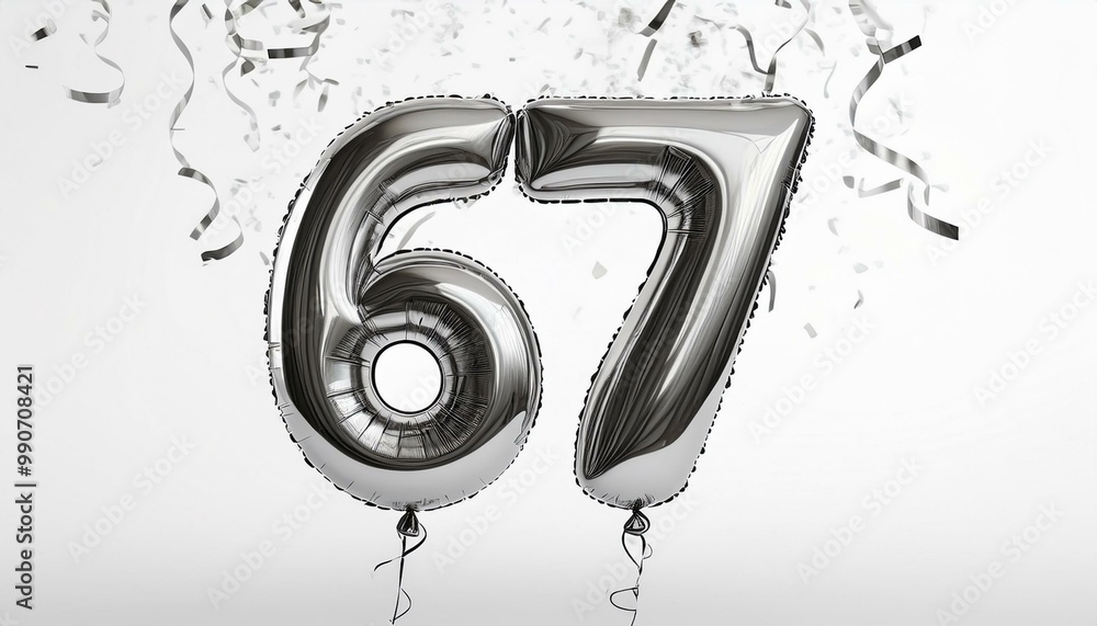Silver birthday / anniversary balloon, number 67, white background with ...