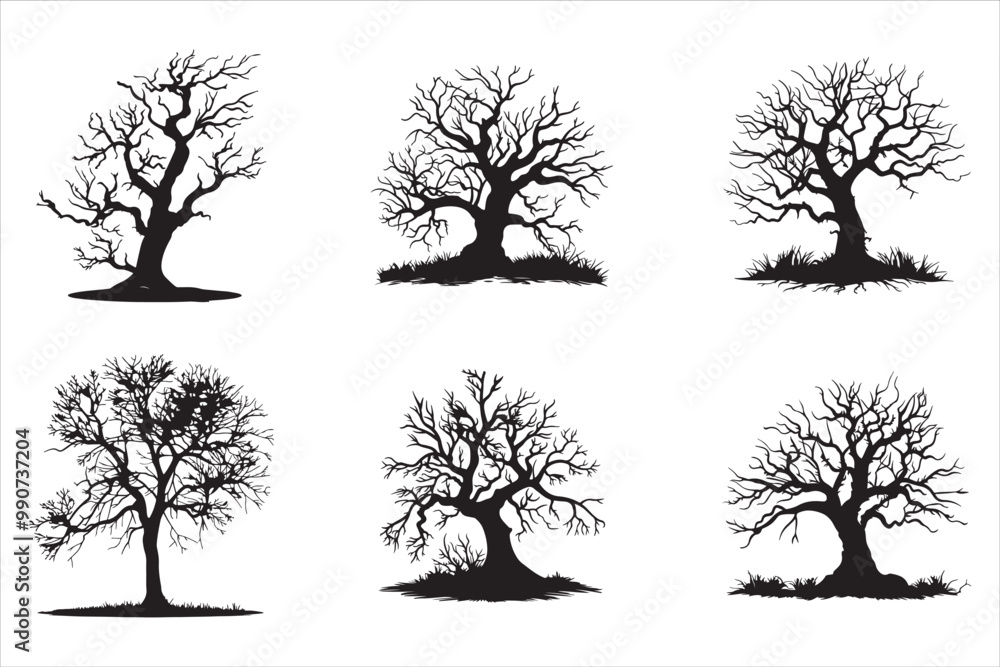 Tree Silhouette Vector Art in Black," "Detailed Black Tree Silhouette ...