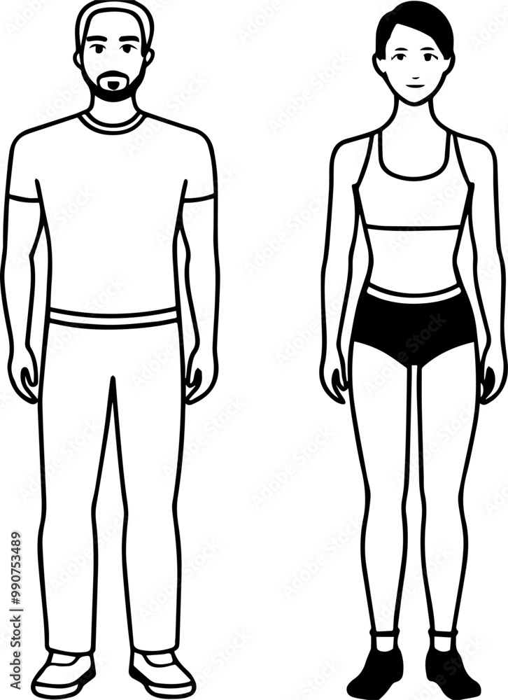male and female full body line art vector illustration, outline ...