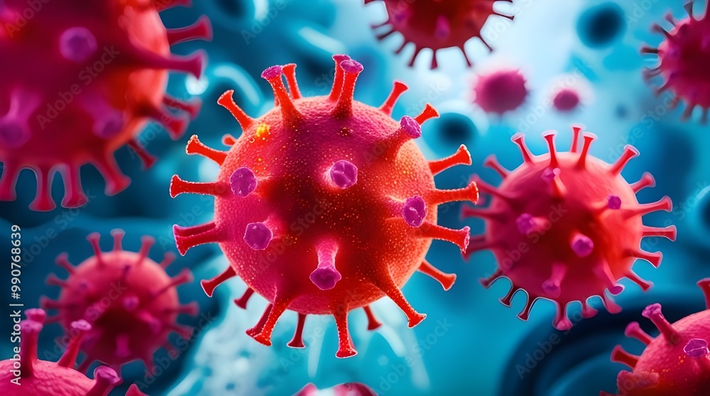 The image depicts a close-up view of multiple red spherical viruses ...