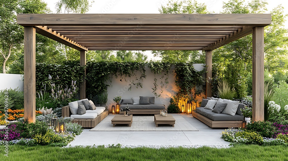 A beautiful garden pavilion with wooden beams and a slatted roof, soft ...