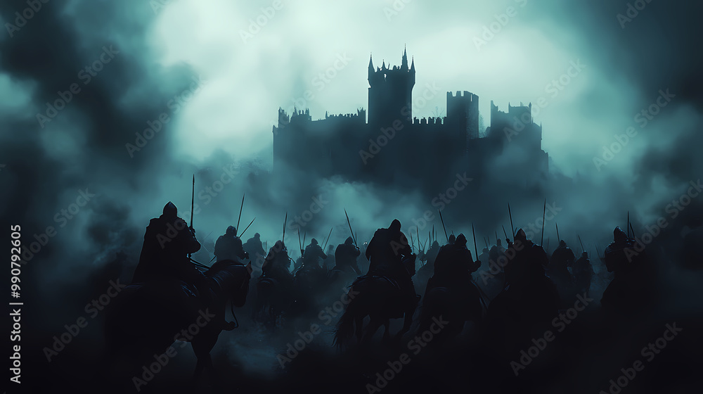 Dark medieval battle scene with silhouetted cavalry and infantry ...