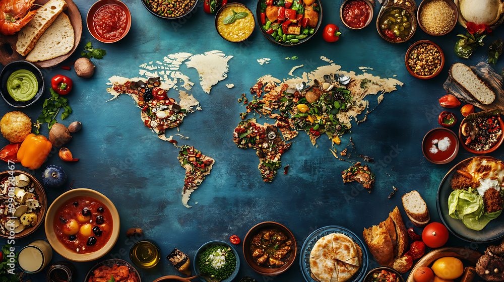 background with a global food map, showcasing iconic dishes from around ...