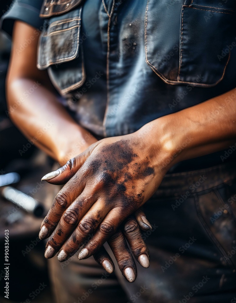 The greased hands of a woman mechanic, representing the concept of a ...
