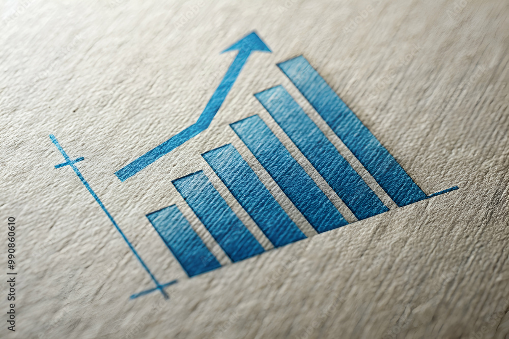 A blue and white graph with a blue arrow pointing upward. The graph is ...