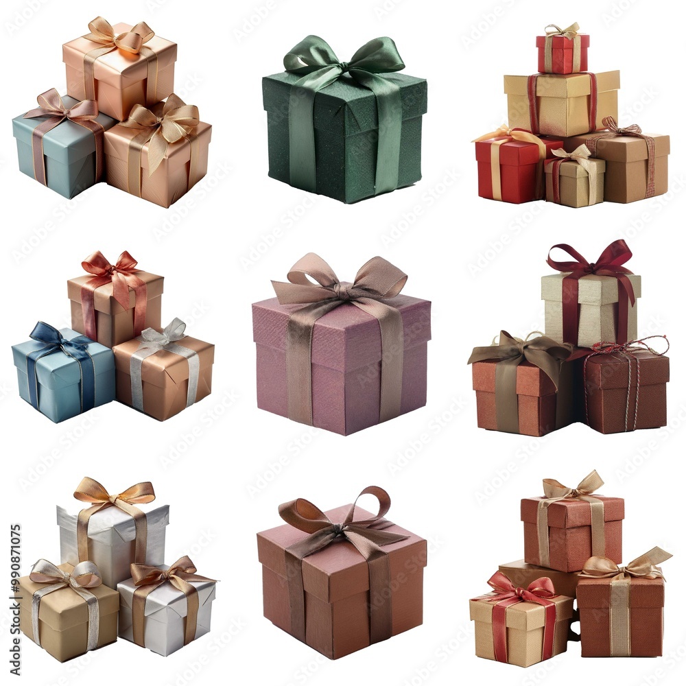 Nine gift boxes, each with a different color and ribbon combination ...