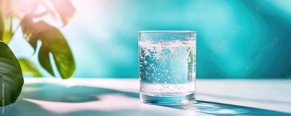 Pure mineral water with a burst of fizzy bubbles, captured mid-sip ...