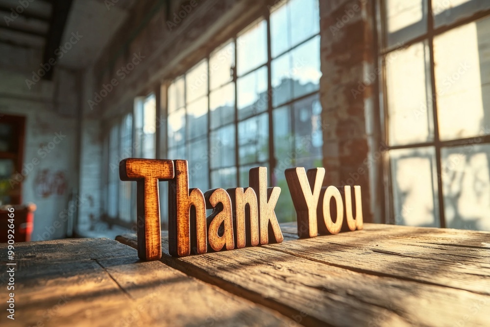 "Thank You" in bold, 3D wooden letters, placed on a rustic tabletop ...