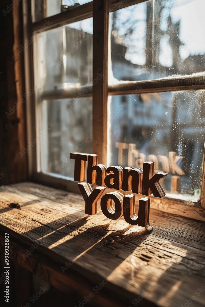 "Thank You" in bold, 3D wooden letters, placed on a rustic tabletop ...