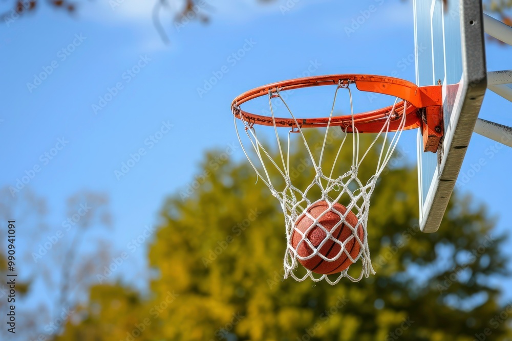 Basketball goes through an orange net with a basketball backboard in ...