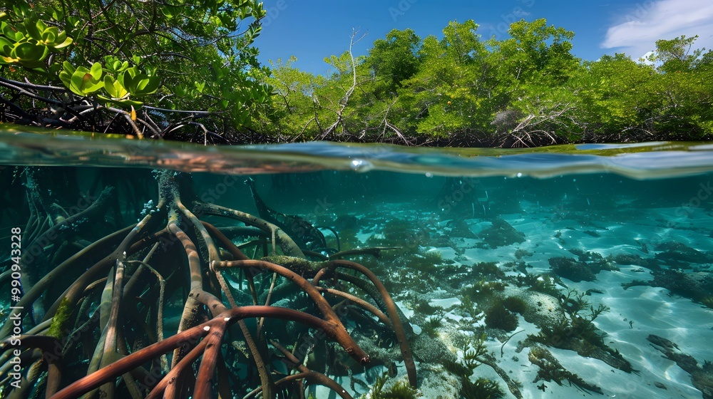 Mangrove Carbon Sink: A coastal mangrove forest with twisting roots ...