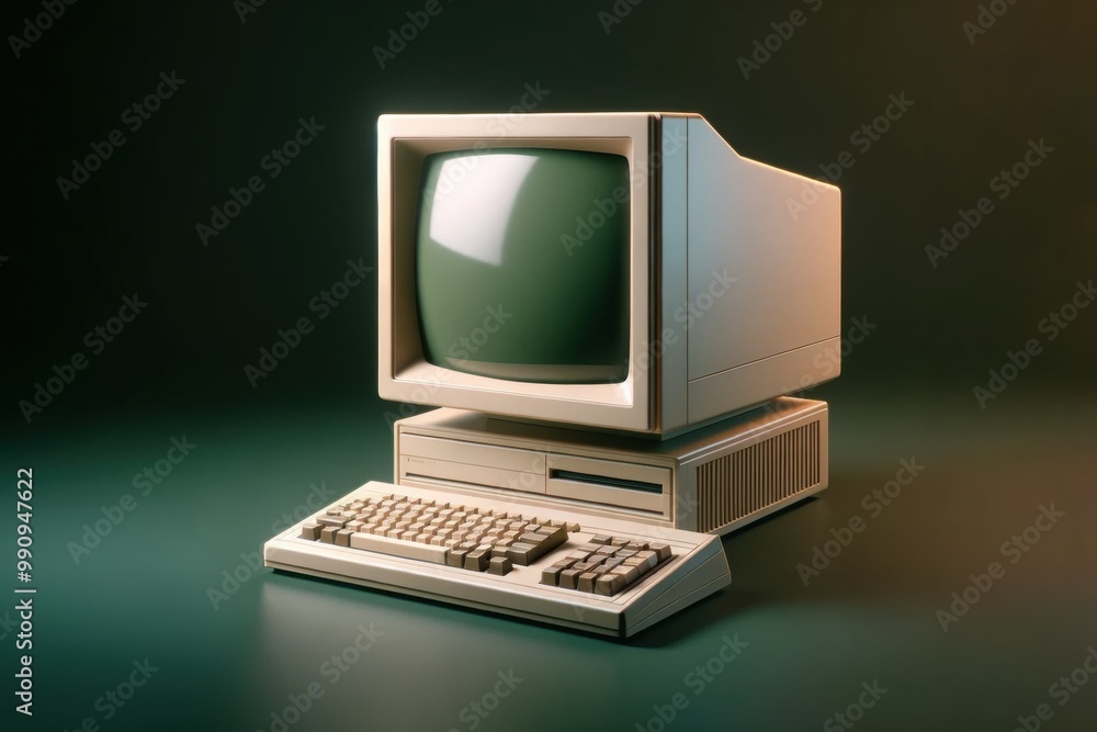 Retro computer from the 90s with a CRT screen on a green background ...