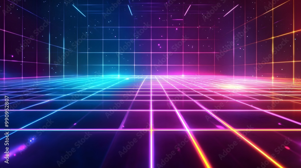 Retro 2D abstract background with neon gridlines and pixelated textures ...