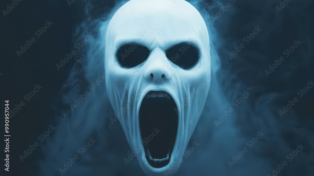 Scary ghost face emerging from darkness, wide, gaping mouth, glowing in ...