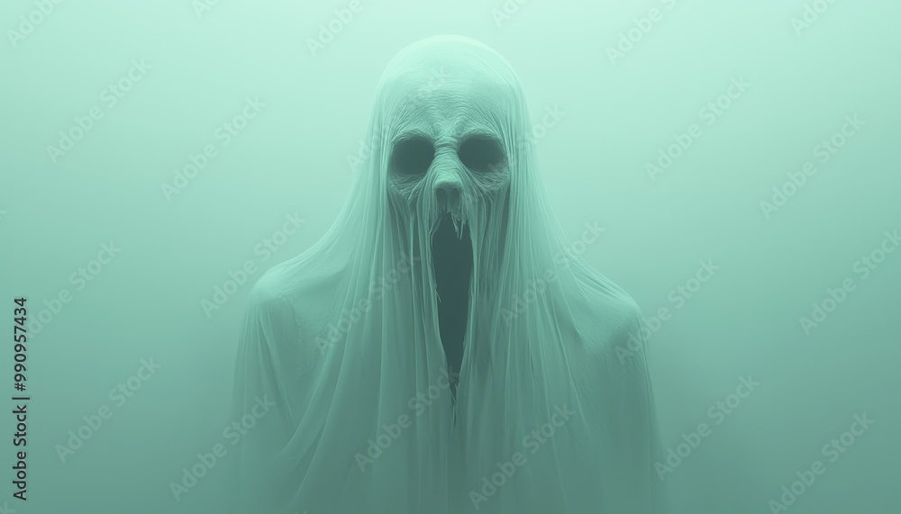 Ghost with twisted, elongated face, glowing in pale green light, close ...