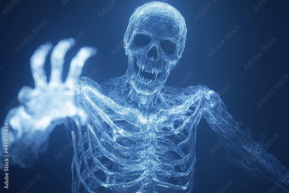 Ghostly figure with skeletal hands reaching out, glowing in pale blue ...