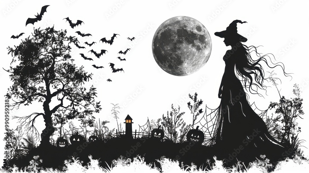 Design black silhouette illustrations of spooky Halloween The Grey Lady ...