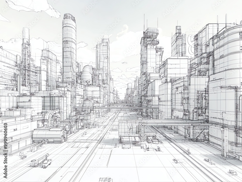 A futuristic city skyline with tall buildings and vehicles, rendered in ...