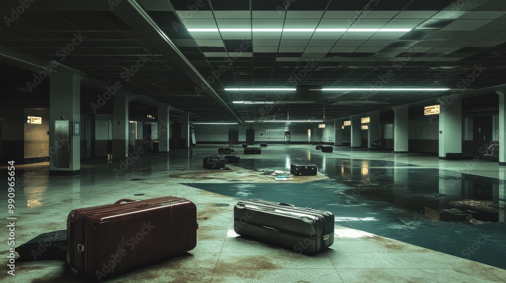 Abandoned train station with luggage scattered across a flooded ...