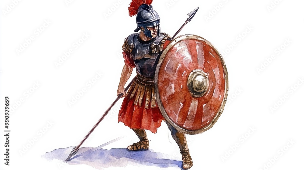 A Roman soldier in armor stands ready for battle, holding a spear and ...