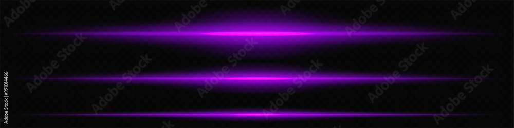 Glowing purple laser beam horizontally across a dark transparent ...